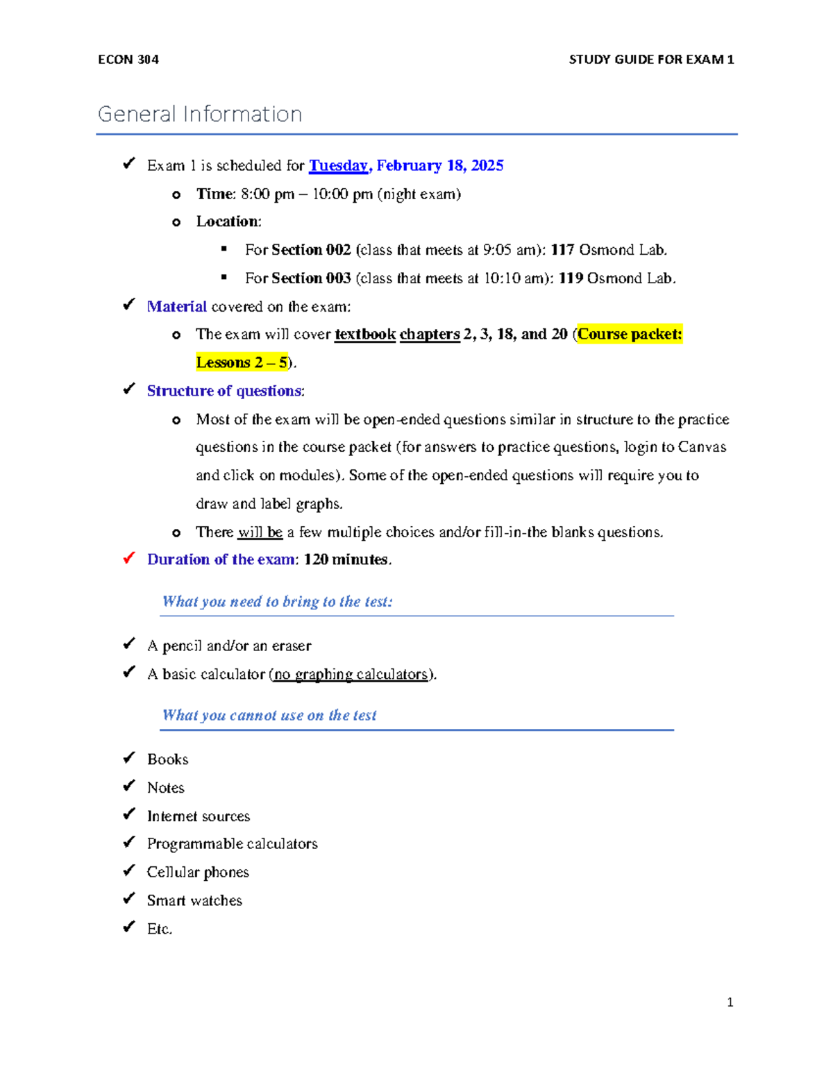 Study Guide for Exam 1 ECON304 SP25 - General Information Exam 1 is ...