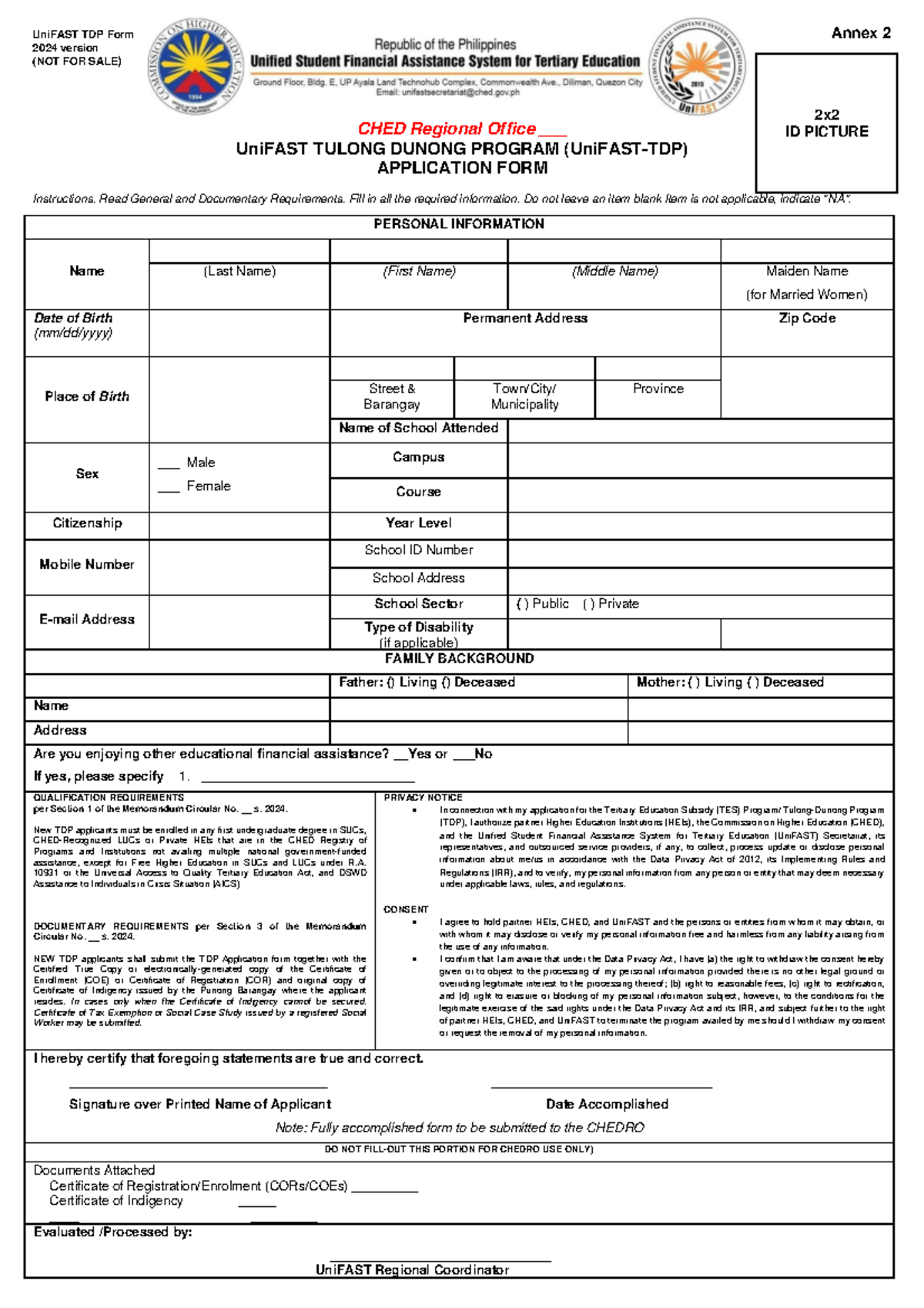Annex 2 UniFAST TDP Application Form 2024: Instructions & Requirements ...