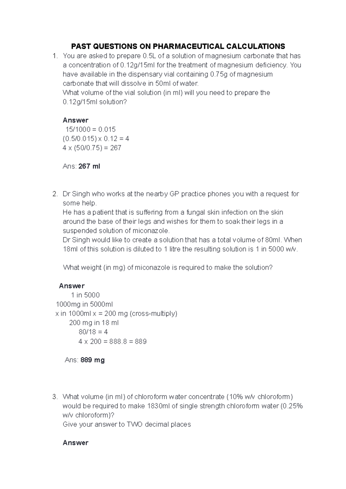 Pharmaceutical Calculations: Past Exam Questions & Answers (30 Qs ...