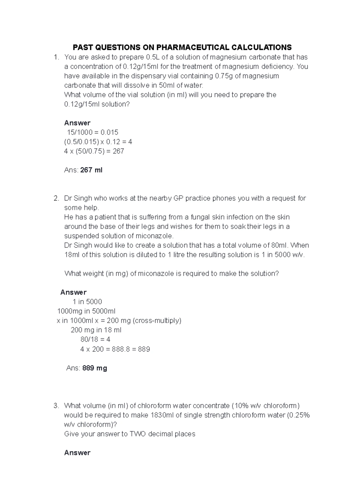 Pharmaceutical Calulations (30 Questions) - PAST QUESTIONS ON ...