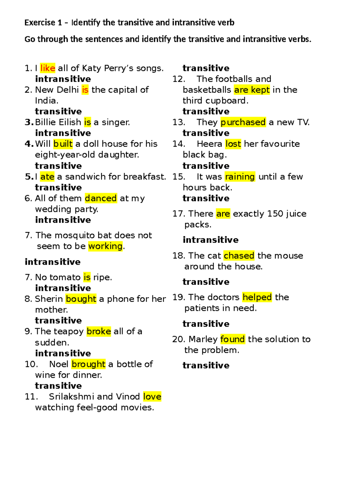 Transitive and Intransitive Verbs Exercises (ENG101) - Studocu