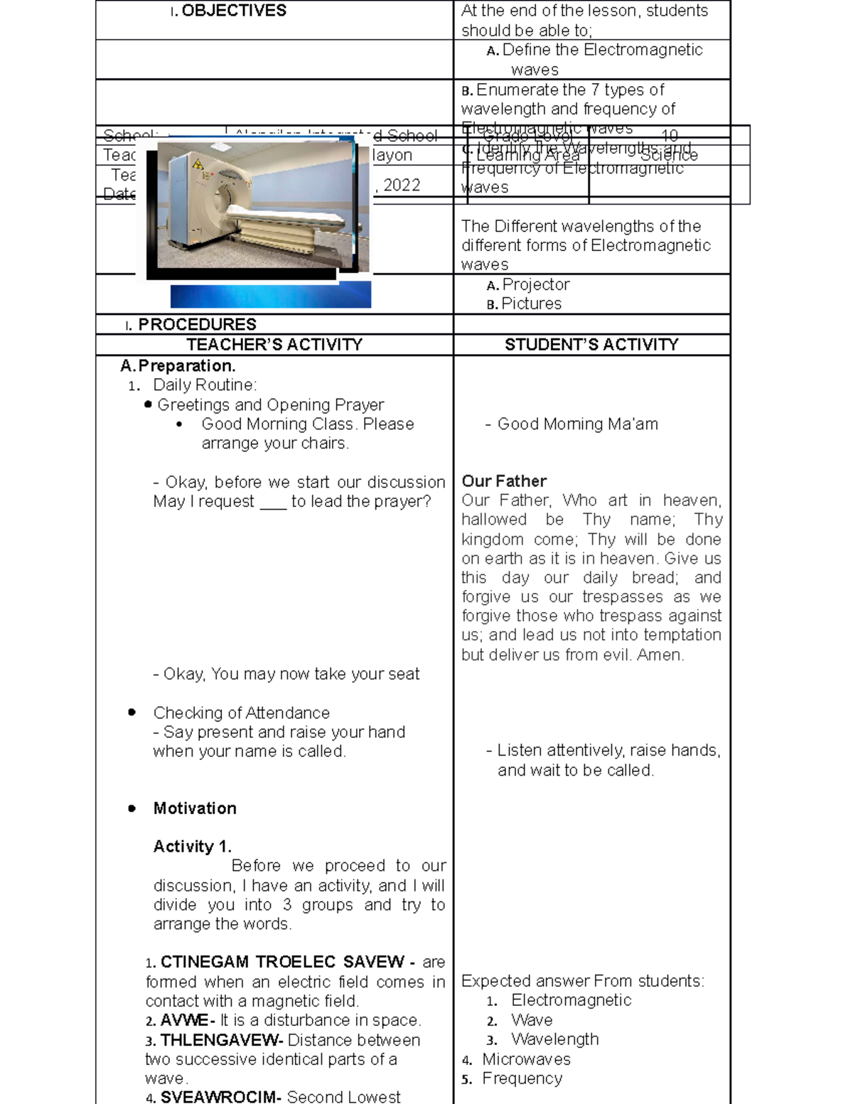 Science 10 - EM Waves Lesson Plan for November 2022 - Studocu