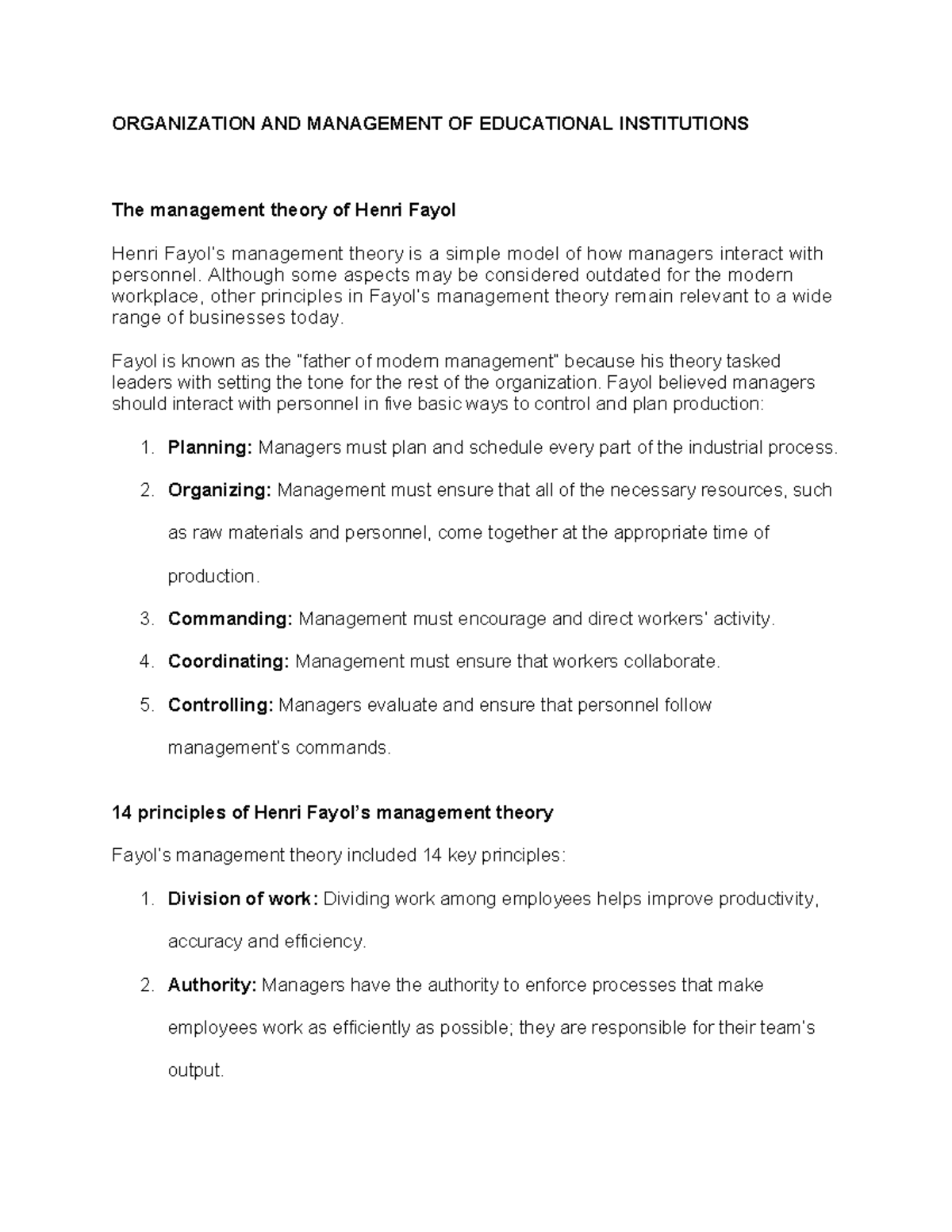 Organization and Management of Educational Institutions: Fayol's ...