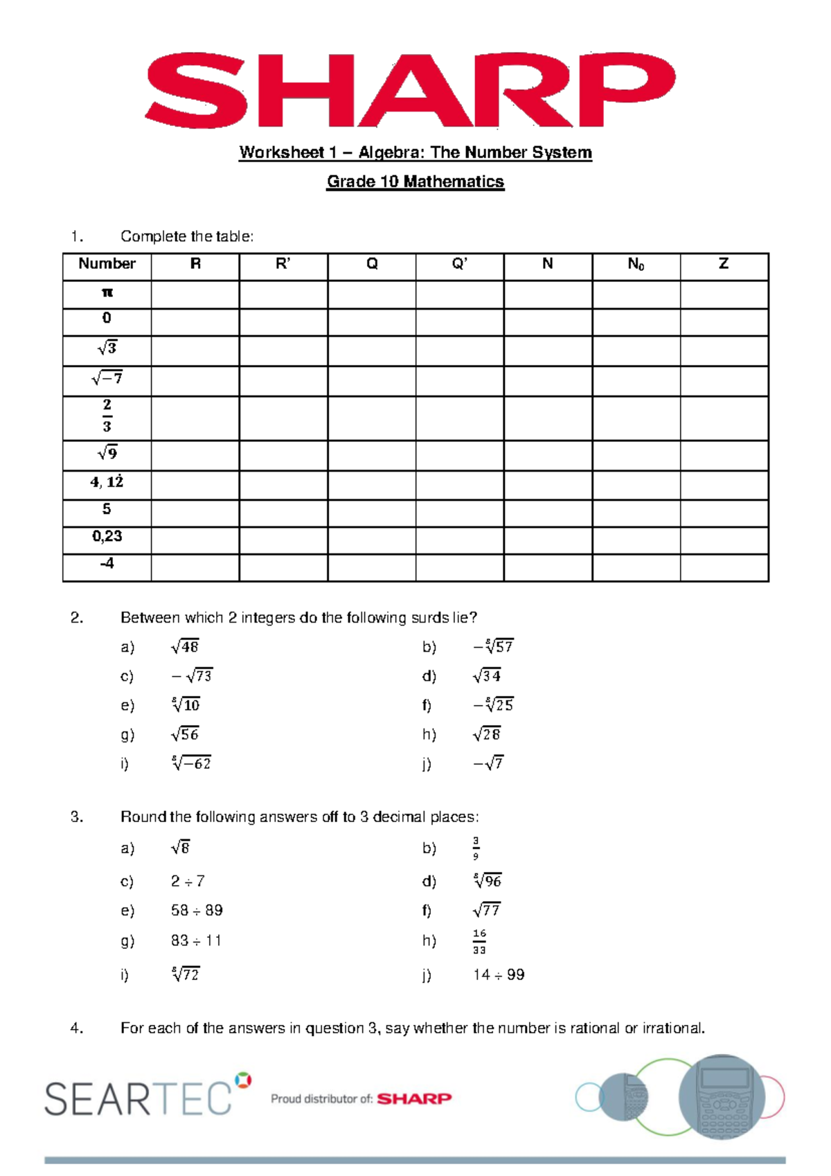 Grade 10 Maths Worksheet 1: Algebra & The Number System - Studocu