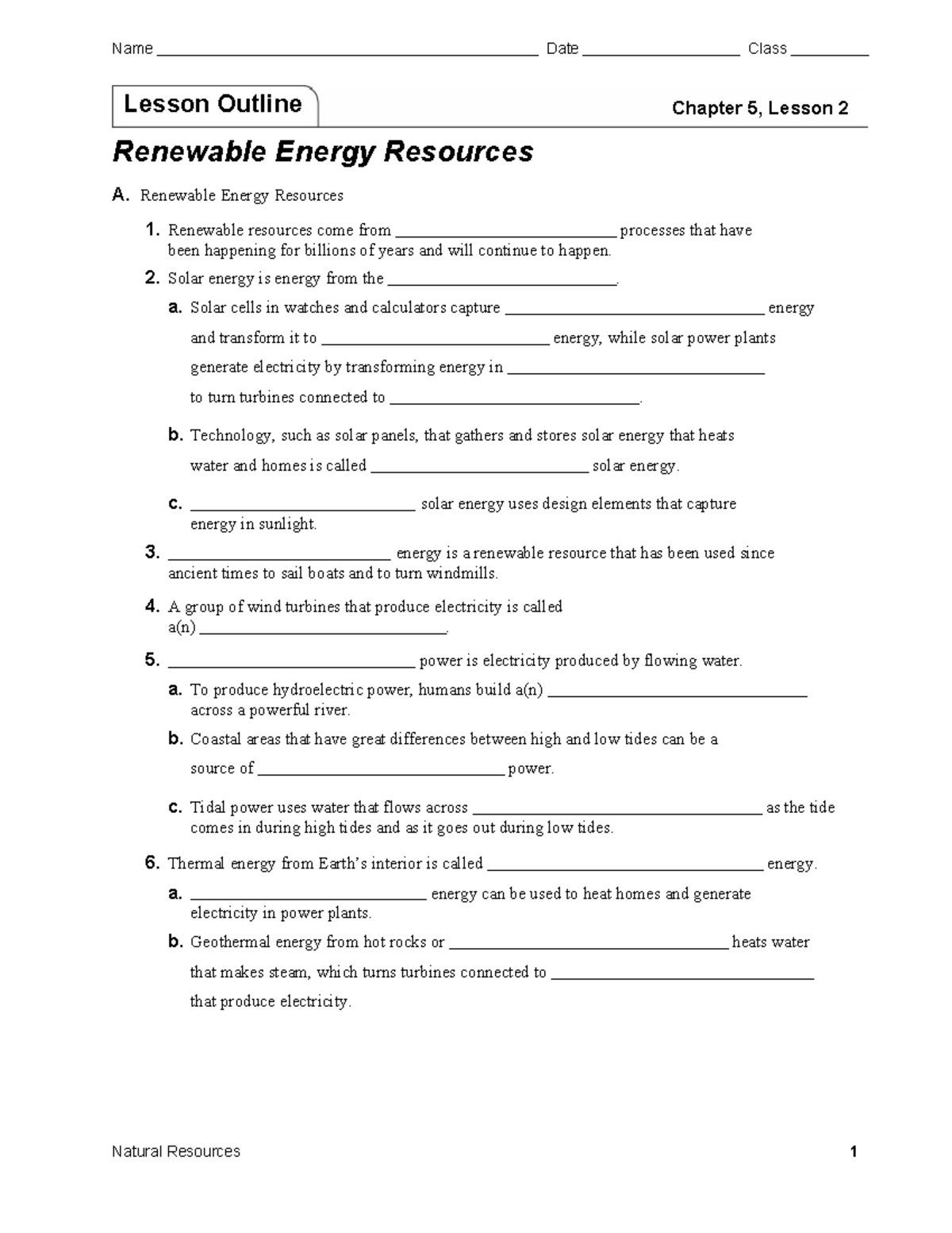 Chapter 5 Lesson 2 Worksheets: Exploring Renewable Energy Resources ...