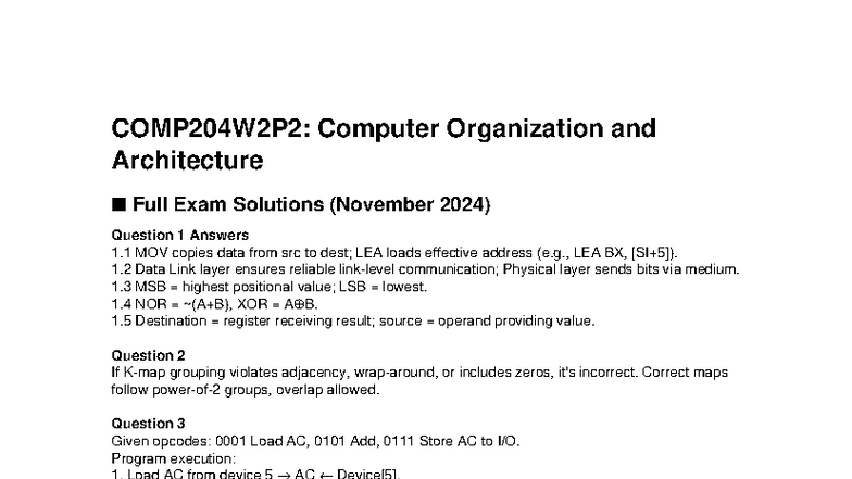 COMP204W2P2: Computer Organization & Architecture Full Exam Solutions - Studocu