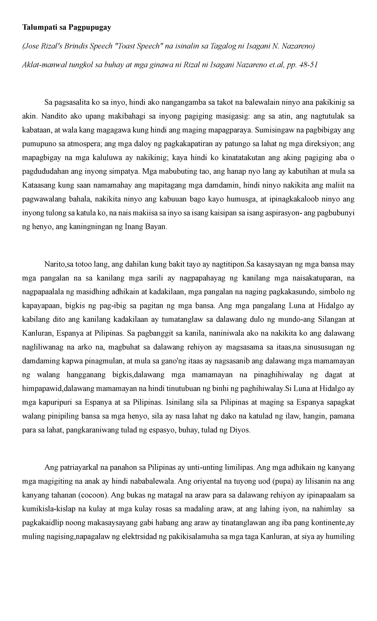 Talumpati sa Pagpupugay - Talumpati sa Pagpupugay (Jose Rizal's Brindis ...