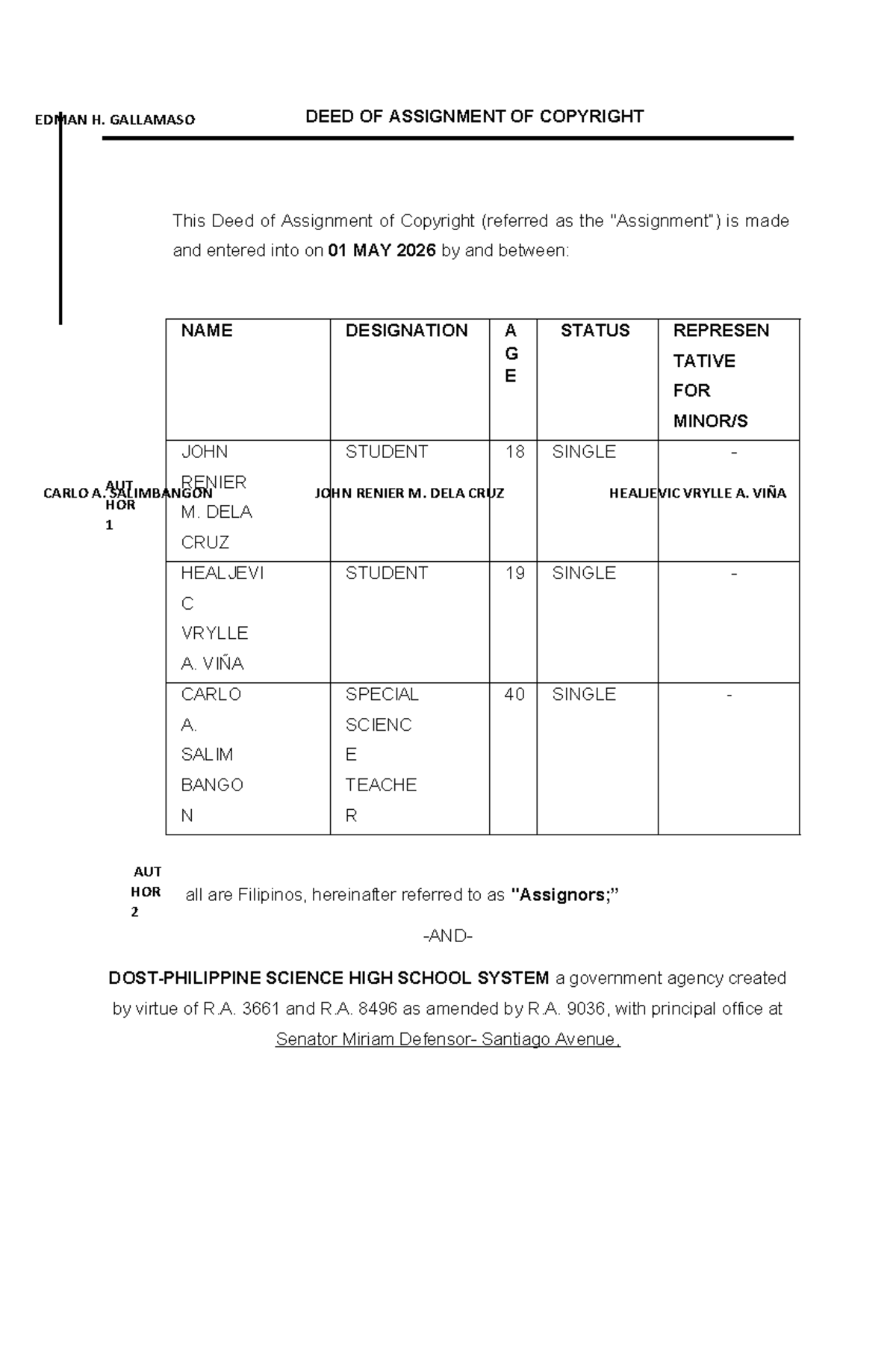 EDM 101: Deed of Assignment of Copyright for Research Paper - Studocu