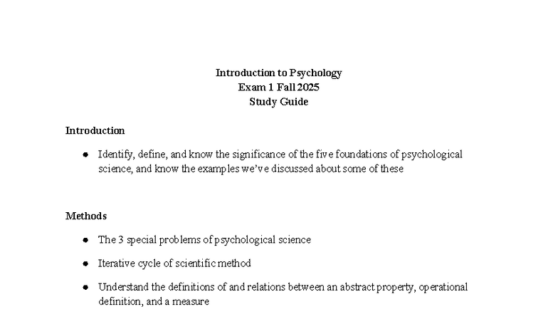 PSY 101: Introduction to Psychology Exam 1 Study Guide Fall 2025 - Studocu