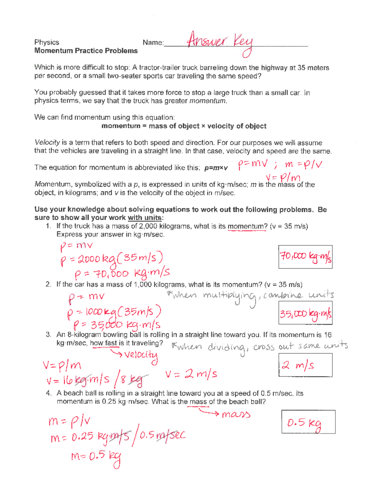 Momentum Practice Problems: Answer Key for Physics Course - Studocu