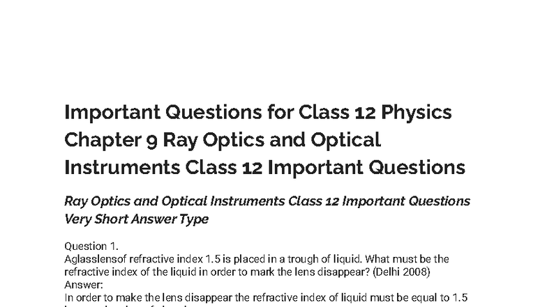 Class 12 Physics Important Questions: Ray Optics & Optical Instruments ...