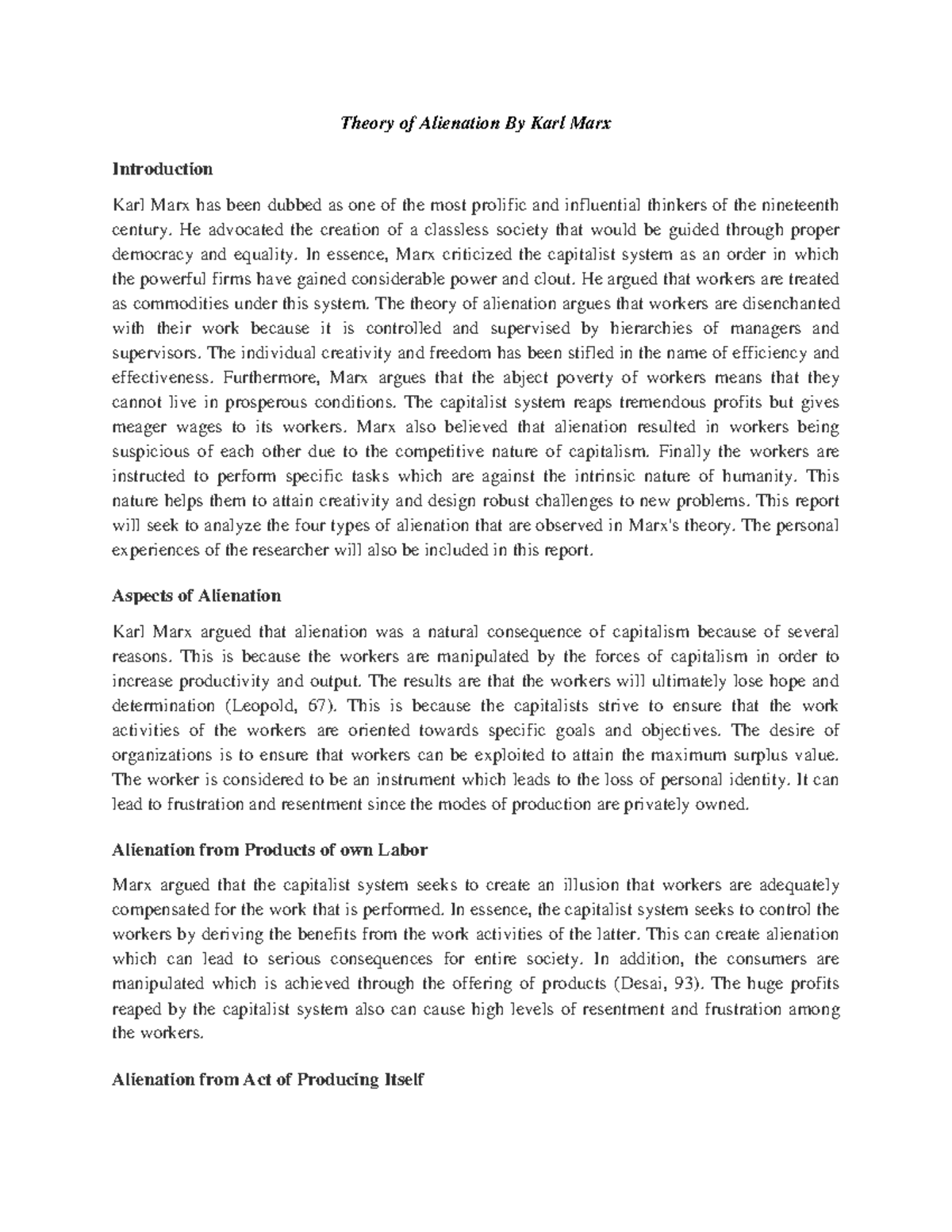 Analysis of Karl Marx's Theory of Alienation and Personal Reflection ...