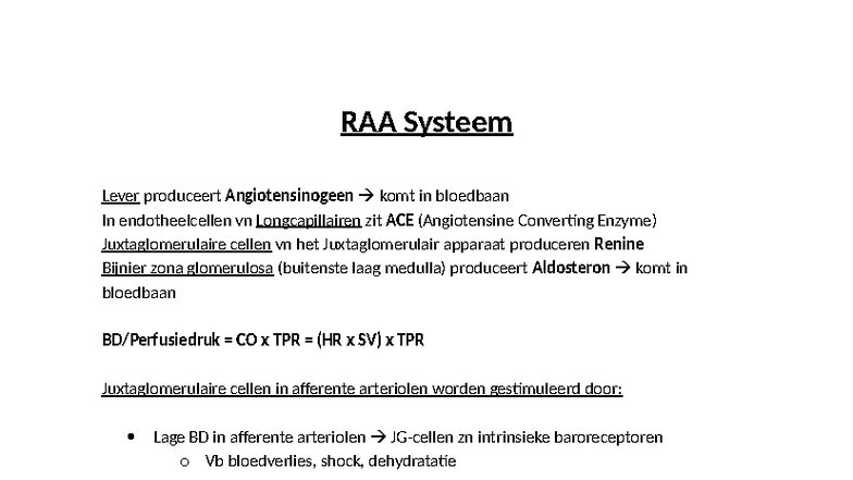 RAA Systeem - Uitleg van het RAAS Mechanisme en Functies - Studocu
