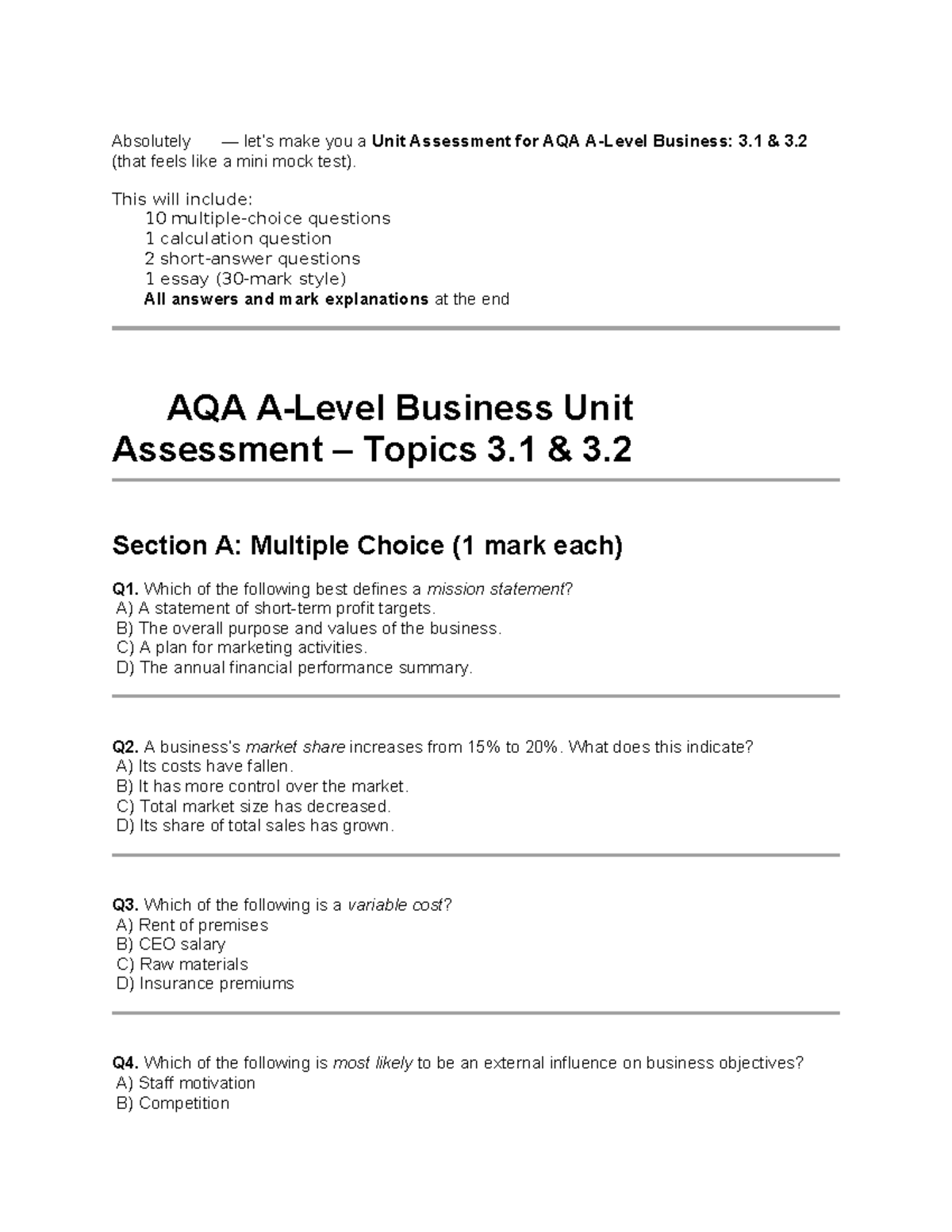 AQA Business Unit Assessment: Topics 3.1 & 3.2 Mock Test Guide - Studocu