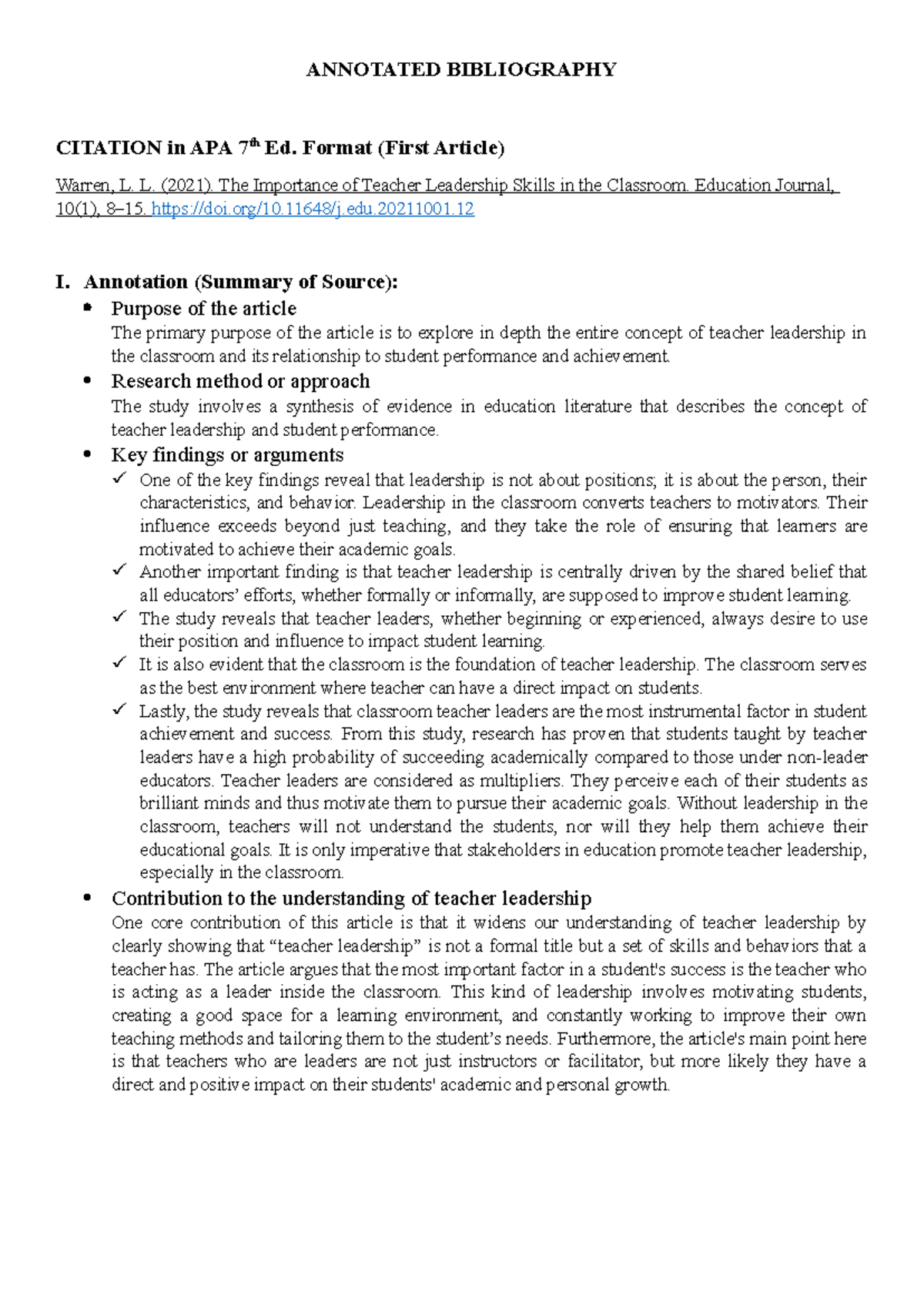 Annotated Bibliography: Teacher Leadership Skills in Education (APA 7th ...