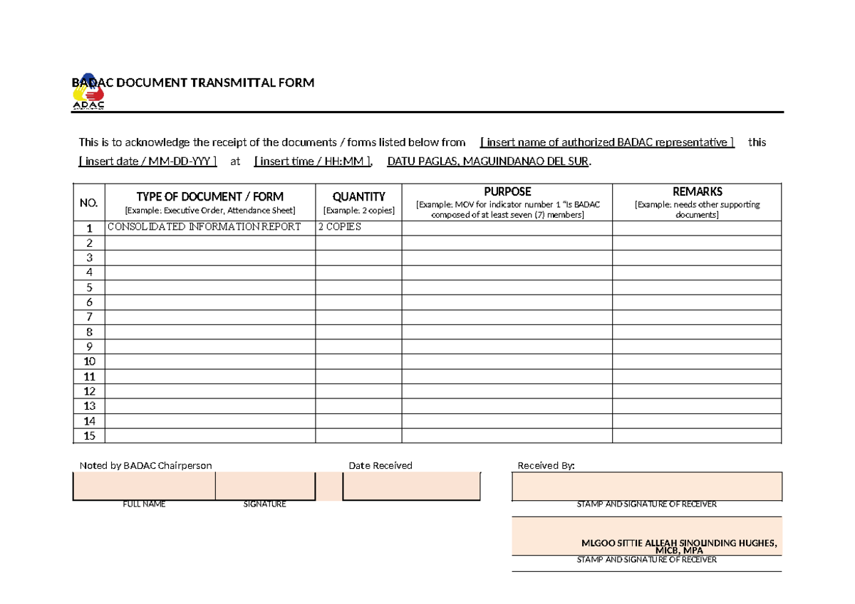 CIR Transmittal Form Acknowledgment - BADAC Documents - Studocu