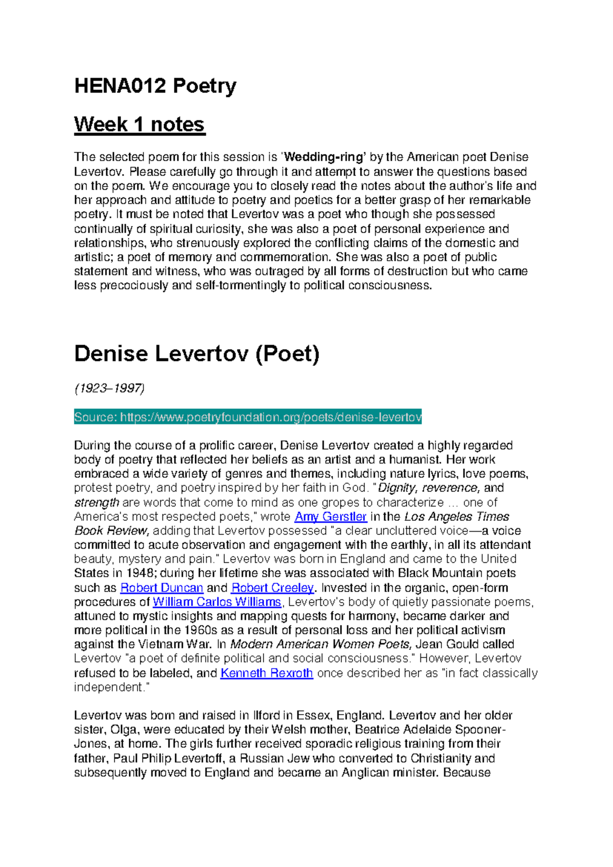 Denise Levertov Poetry Notes: Analyzing 'Wedding-Ring' (HENA012) - Studocu