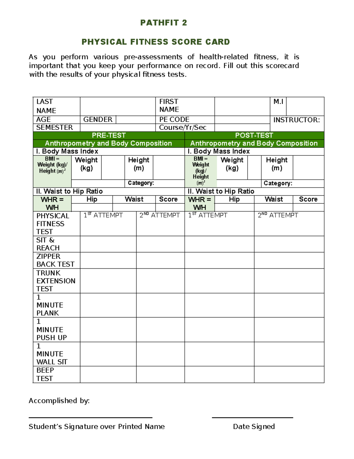 PATHFIT 2 Physical Fitness Score Card and Test Results - Studocu