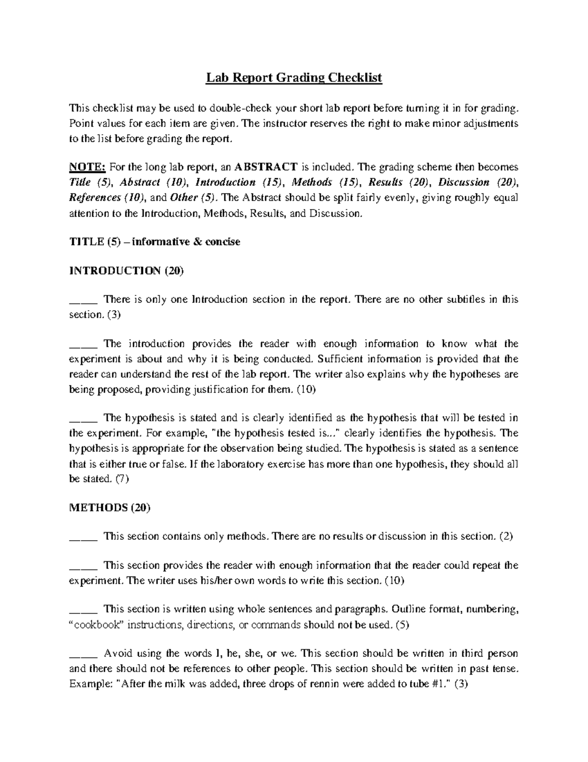 Lab Report Grading Checklist - Point values for each item are given ...