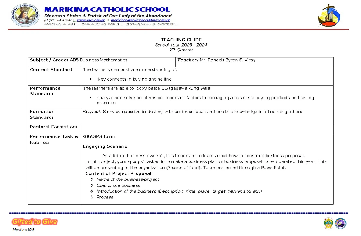 AB5 Q1 Q2 CO - BUSINESS MATH - COURSE OUTLINE School Year 2023 - 2024 ...