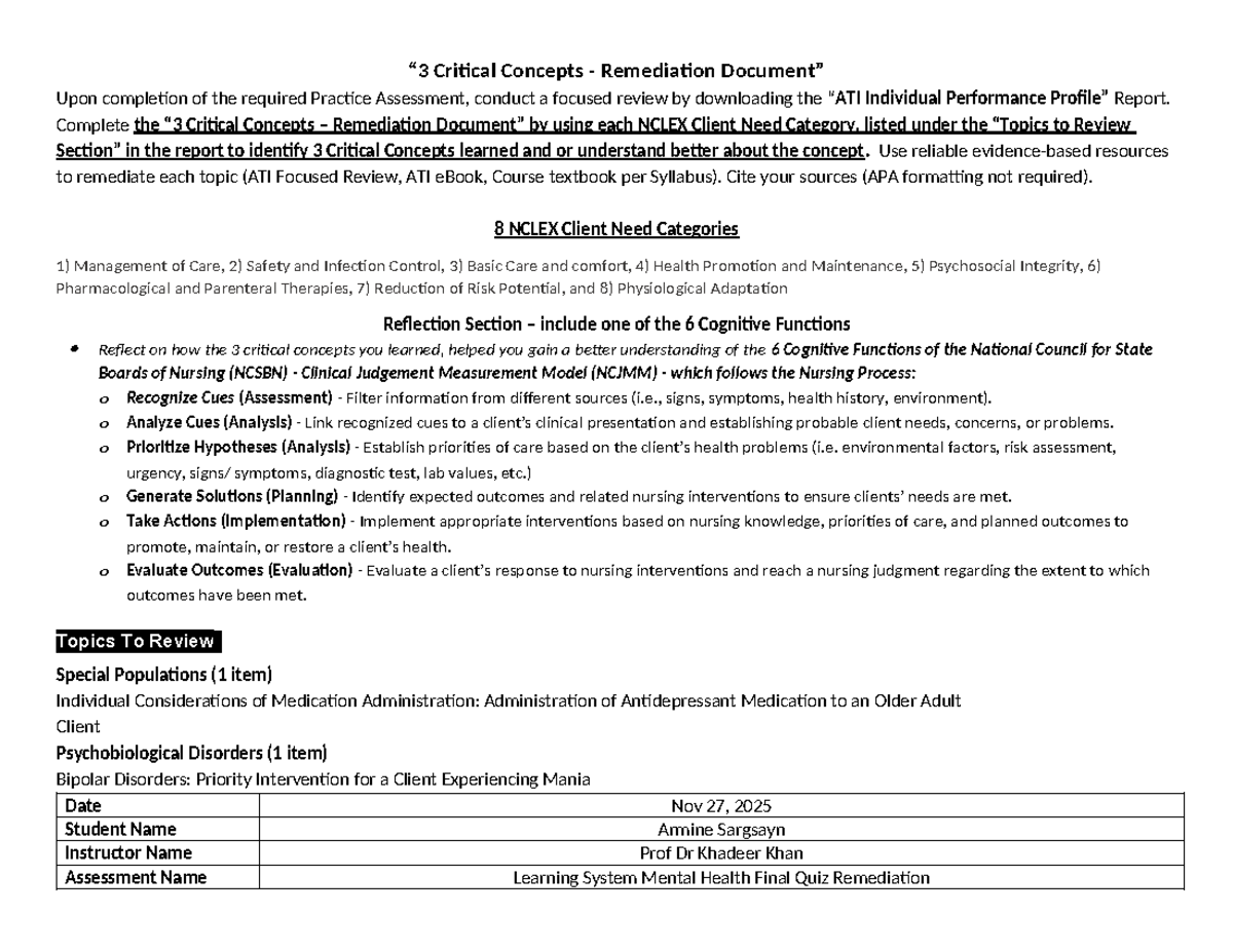 Learning System Mental Health Final Quiz Remediation (NURS 101) - Studocu