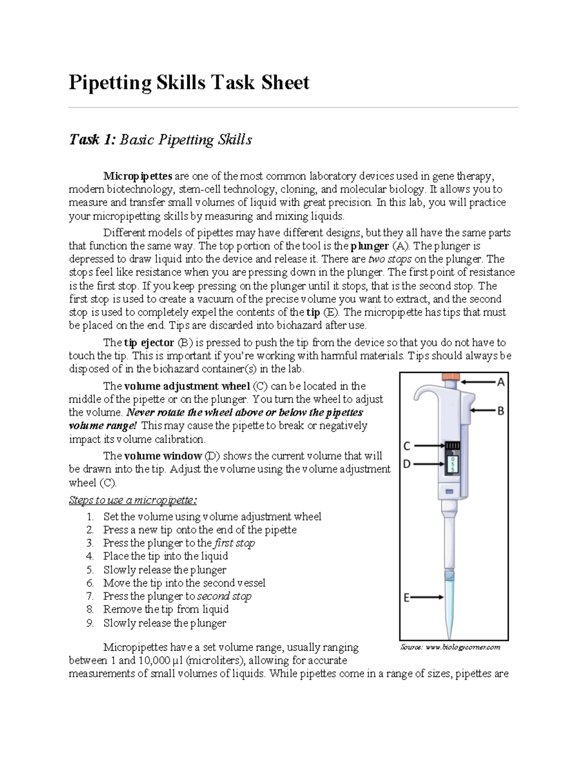 Pipetting Skills Task Sheet: Mastering Micropipette Techniques 2025 ...