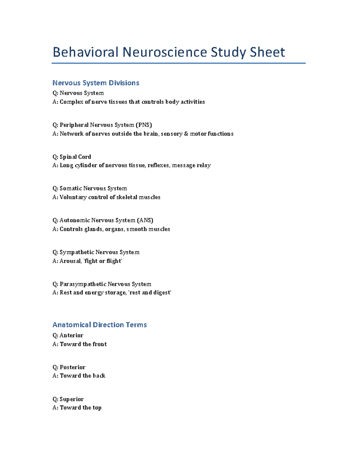 Behavioral Neuroscience Study Sheet: Nervous System Overview - Studocu