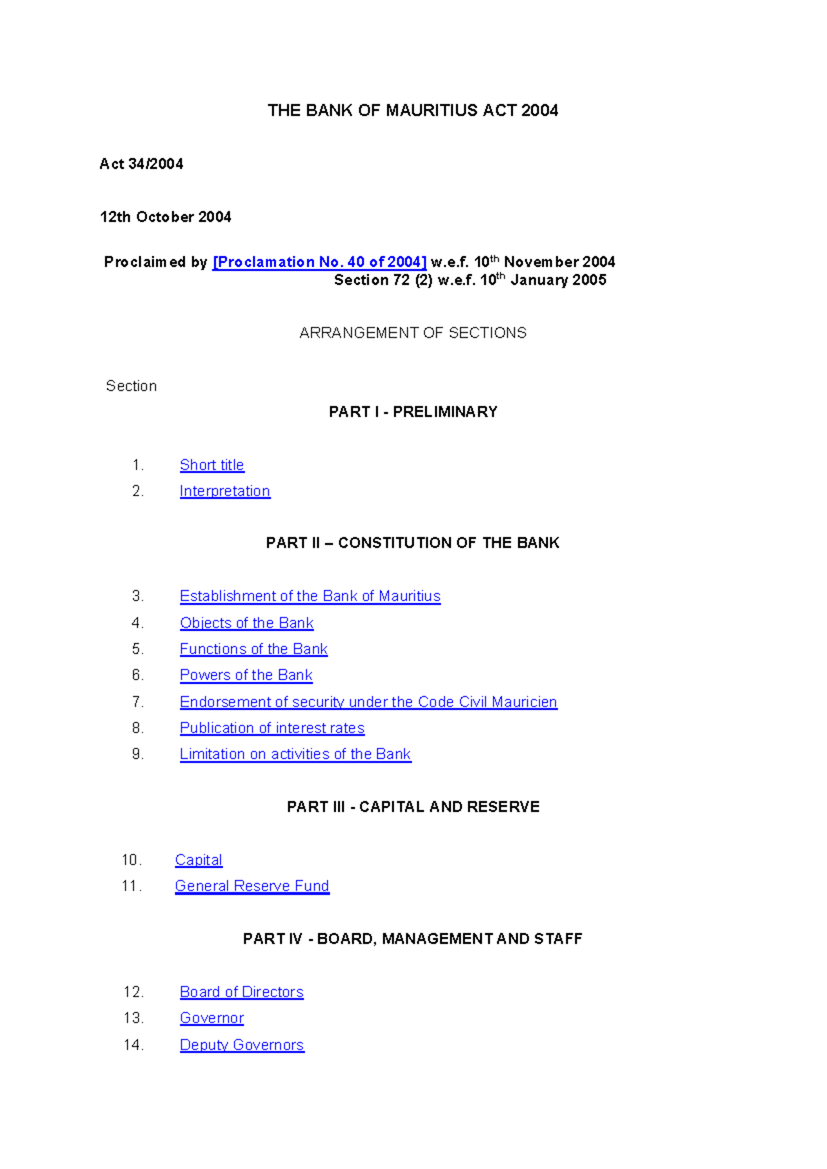 Bank of Mauritius Act 2004: Comprehensive Legislative Overview - Studocu