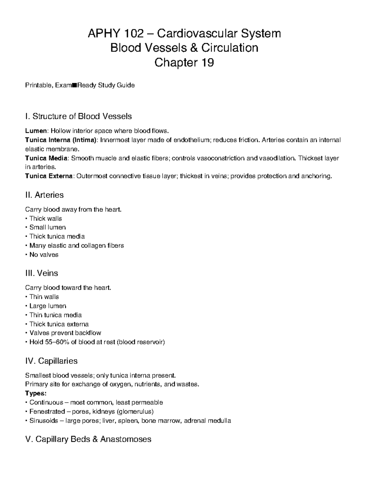 APHY 102 Blood Vessels & Circulation Study Guide: Chapter 19 Overview ...