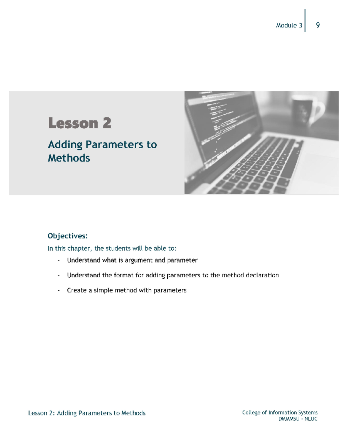 Module 3: Lesson 2 - Adding Parameters to Methods in Programming - Studocu