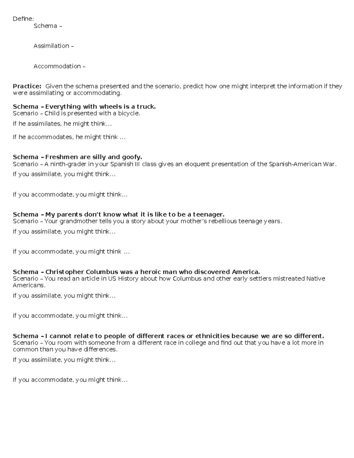 Schema Practice - Assignment Worksheet for Psychology 101 - Studocu