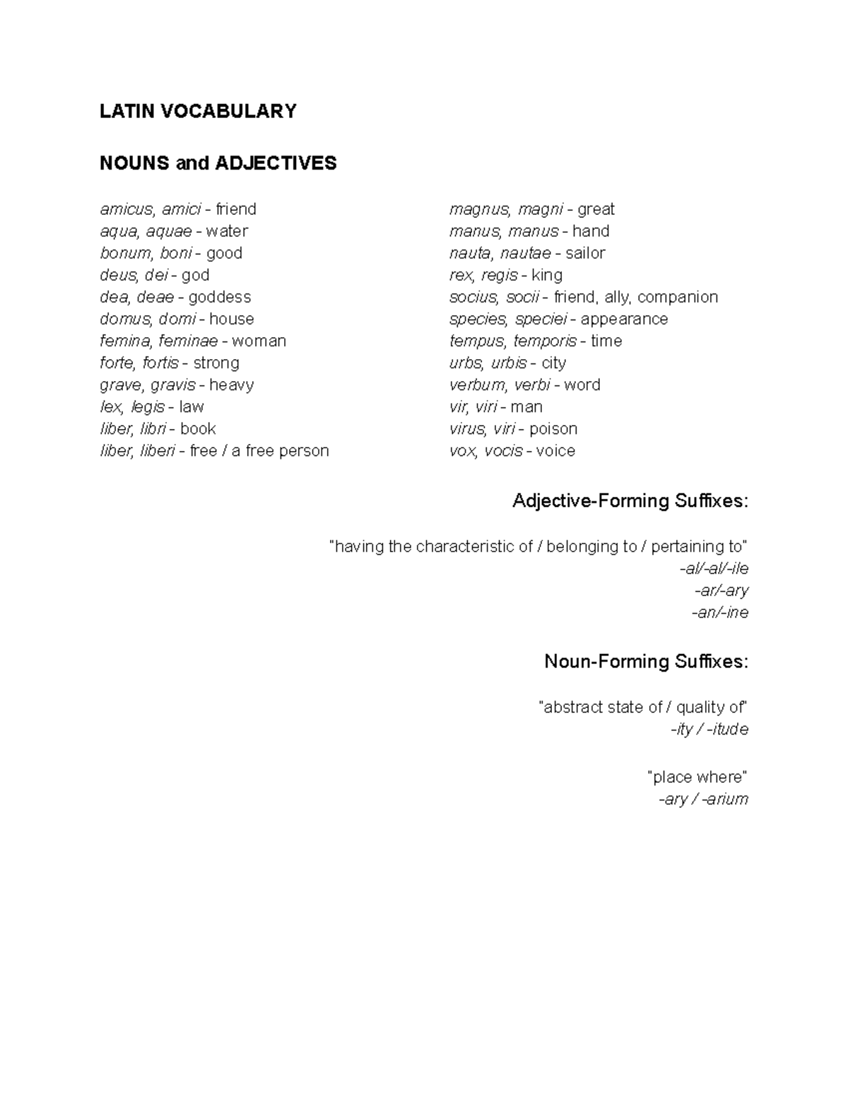 Study Guide - Quiz #1 - 2 - LATIN VOCABULARY NOUNS and ADJECTIVES ...