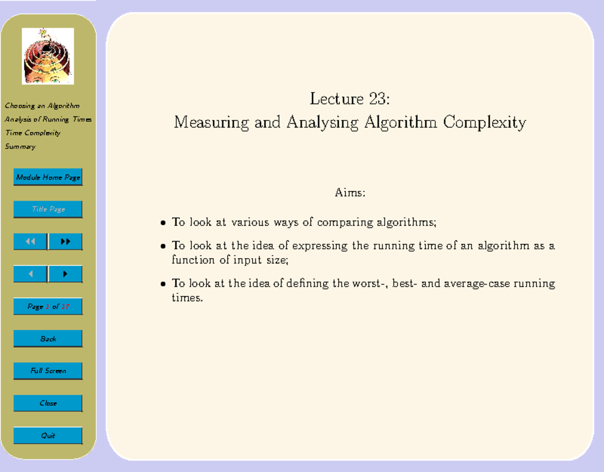 Handout 23 - Assignment - Choosing an Algorithm Analysis of Running Times Time Complexity ...
