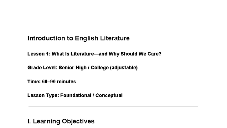 English Literature Lesson 1: Understanding Literature's Impact - Studocu