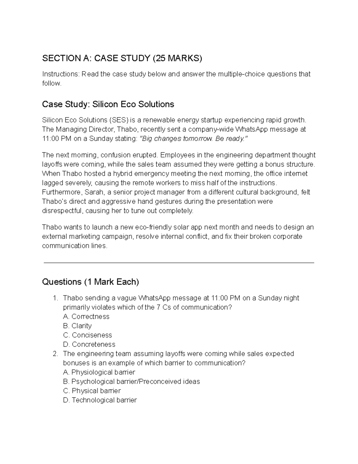 Section A: Case Study on Communication Challenges at SES (25 Marks ...