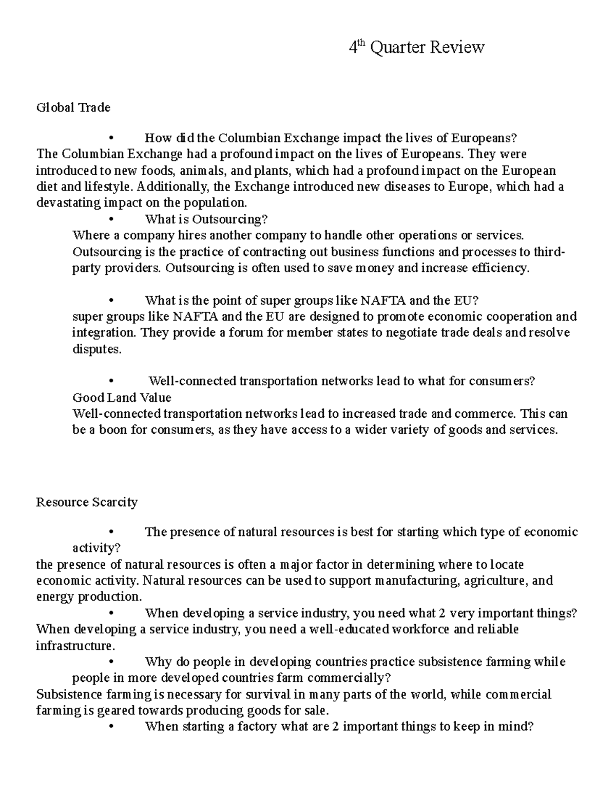 4th Quarter Review: Global Trade and Economic Concepts - Studocu