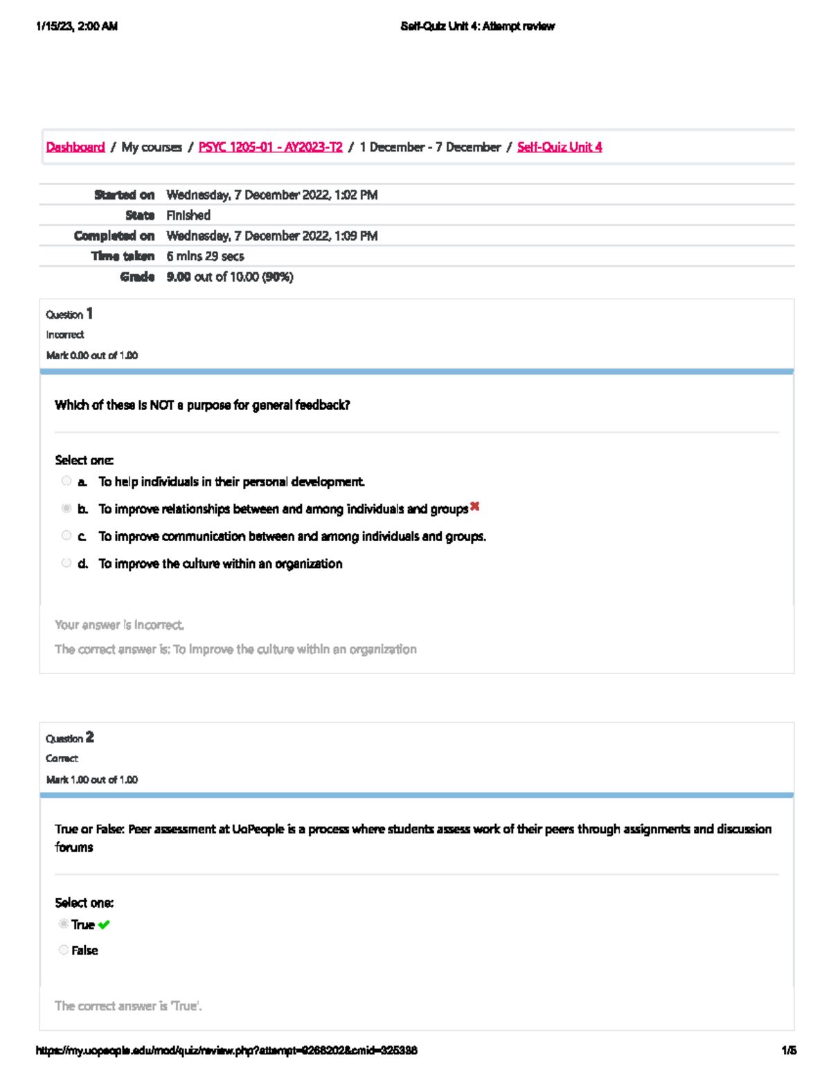 Unit 4 Self Quiz Overview for PSYC 1205: Feedback Concepts & Assessment ...