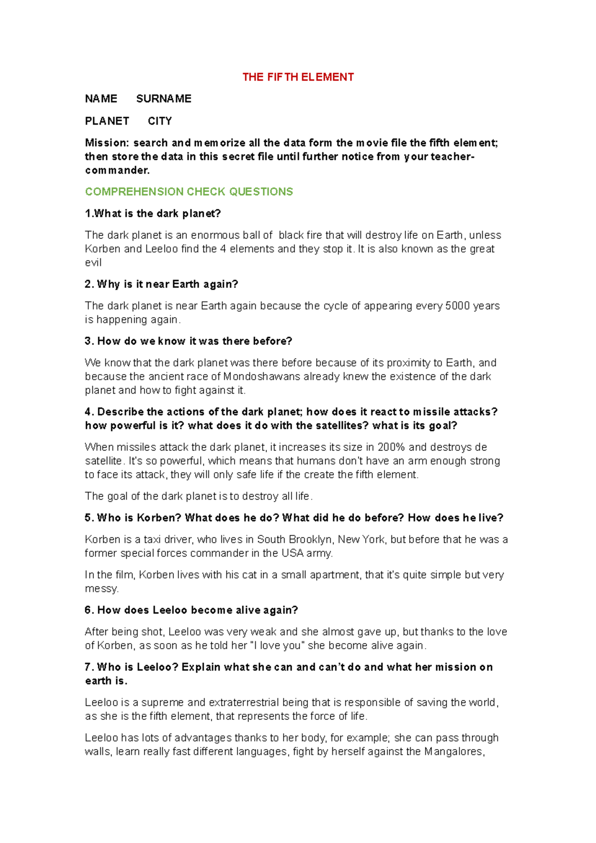 THE FIFTH ELEMENT: COMPREHENSION CHECK & ANALYSIS - Studocu