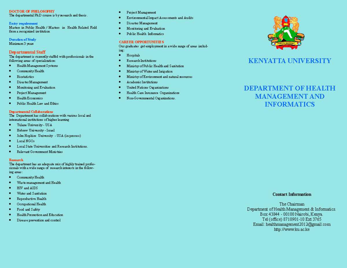Health mgt brochure 2012 - KENYATTA UNIVERSITY DEPARTMENT OF HEALTH ...