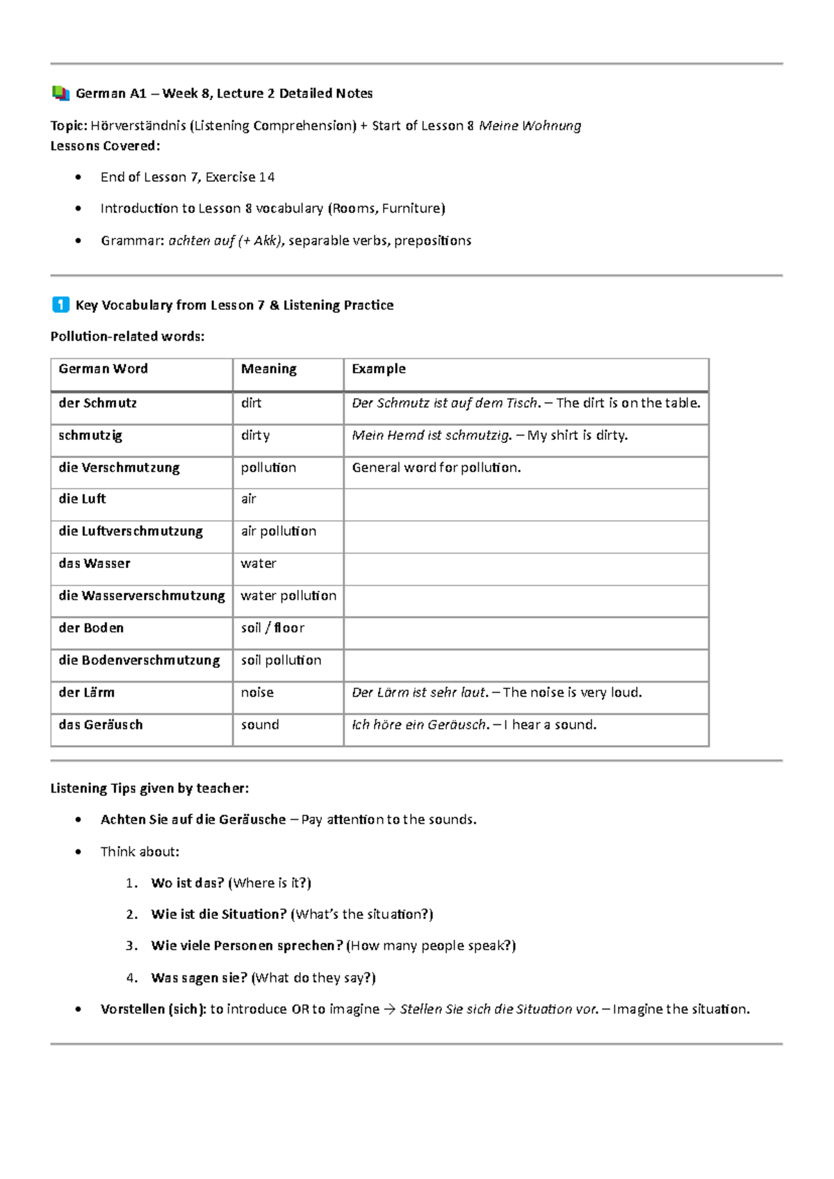 German A1 Week 8, Lecture 2: Hörverständnis & Vocabulary Notes - Studocu