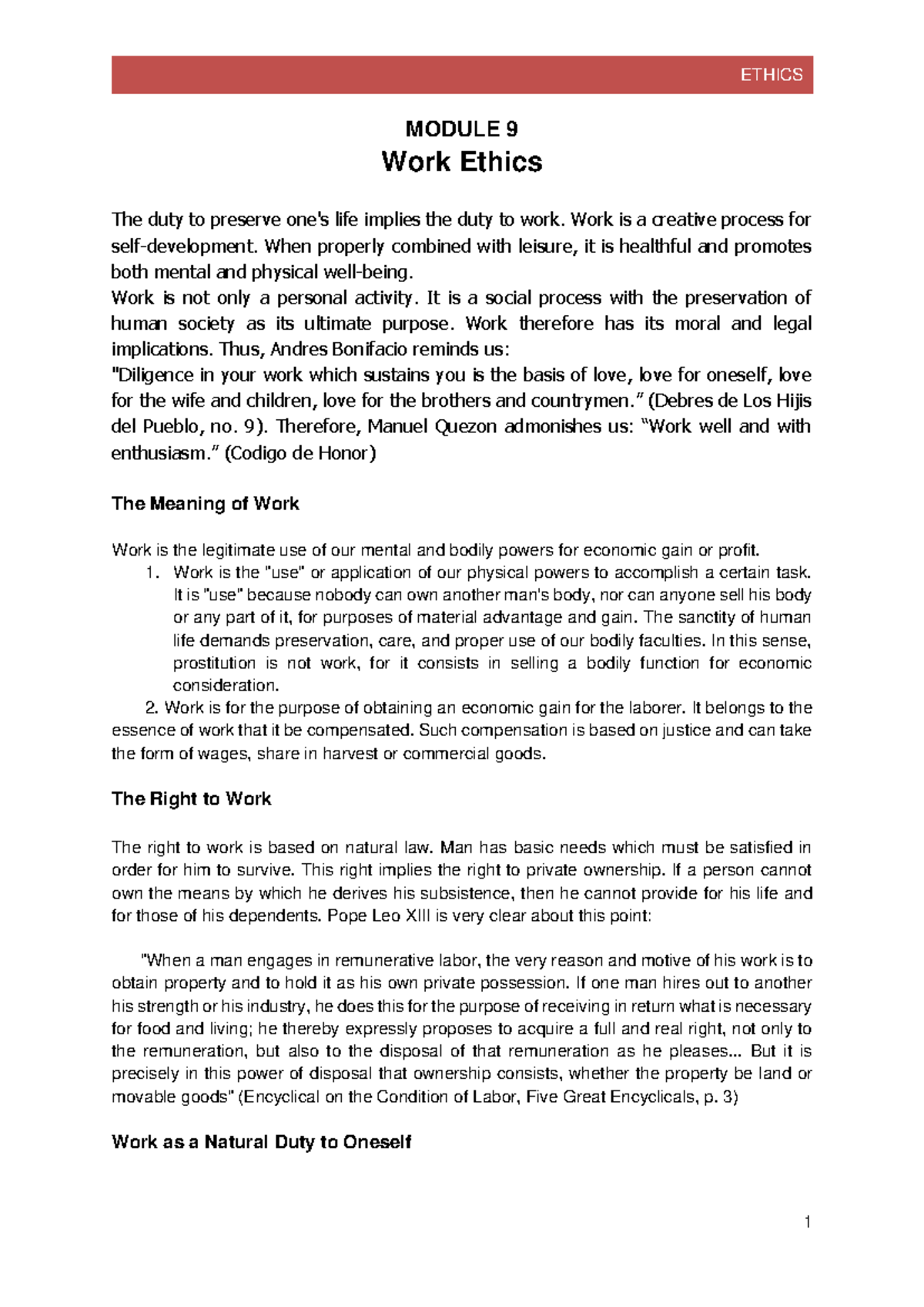 Ethics Module 2: Work Ethics and the Right to Work - Studocu