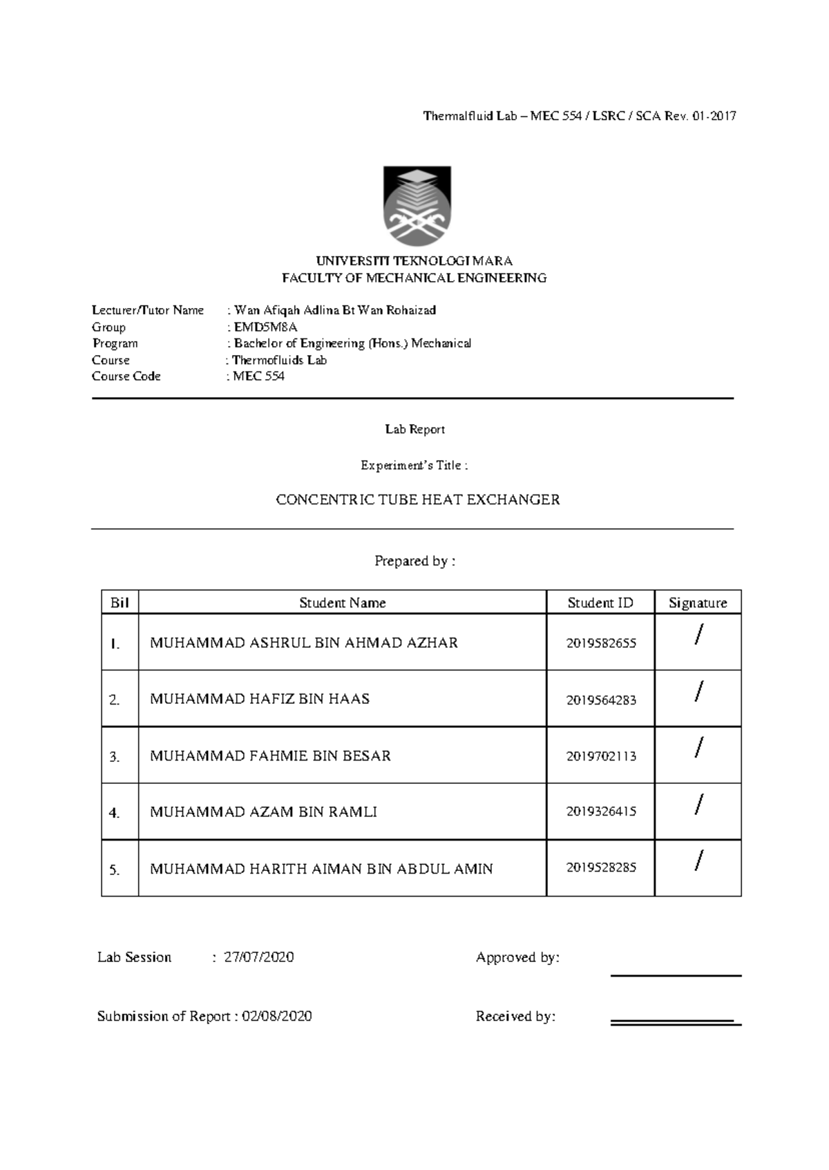 Lab Report on Concentric Tube Heat Exchanger - MEC 554 - Studocu