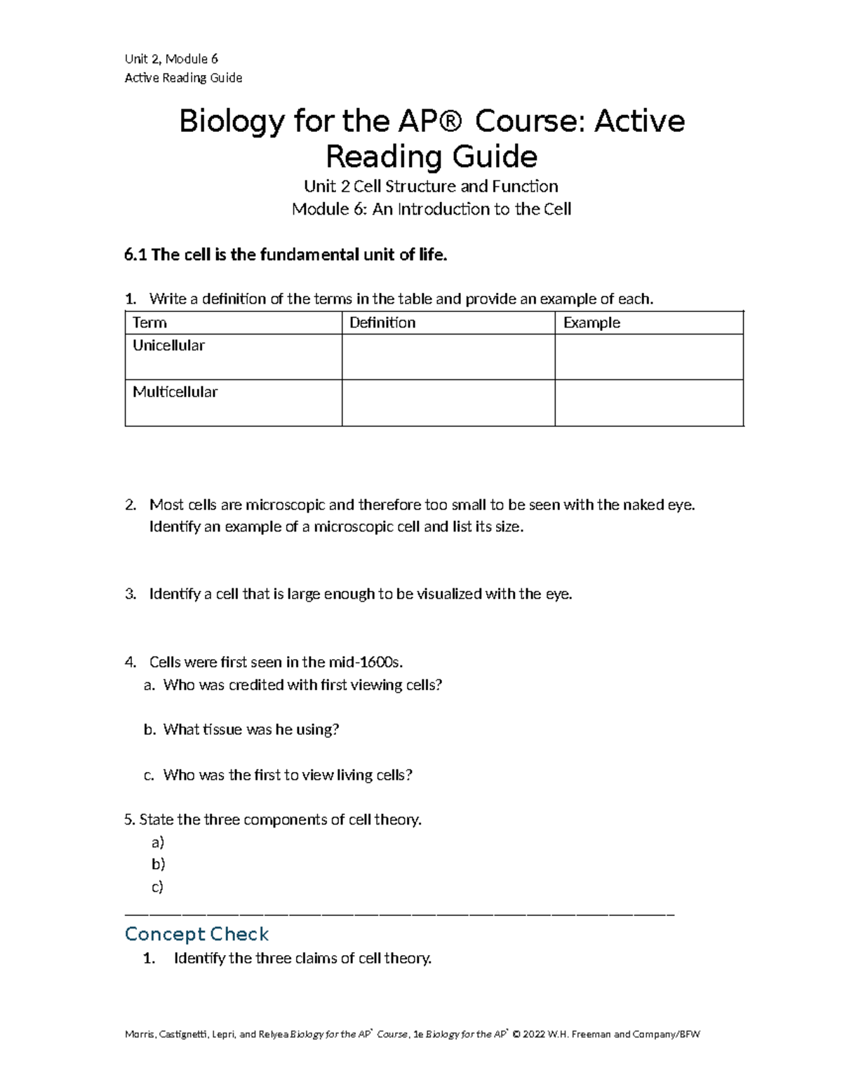 Unit 2, Module 6 Active Reading Guide: Cell Structure & Function - Studocu