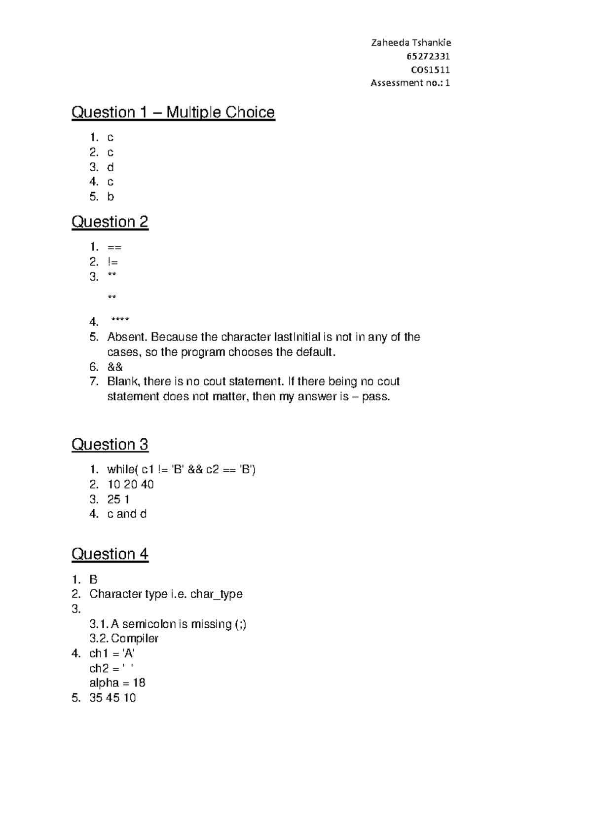 COS1511 Assessment 1: Multiple Choice & Programming Questions Summary - Studocu