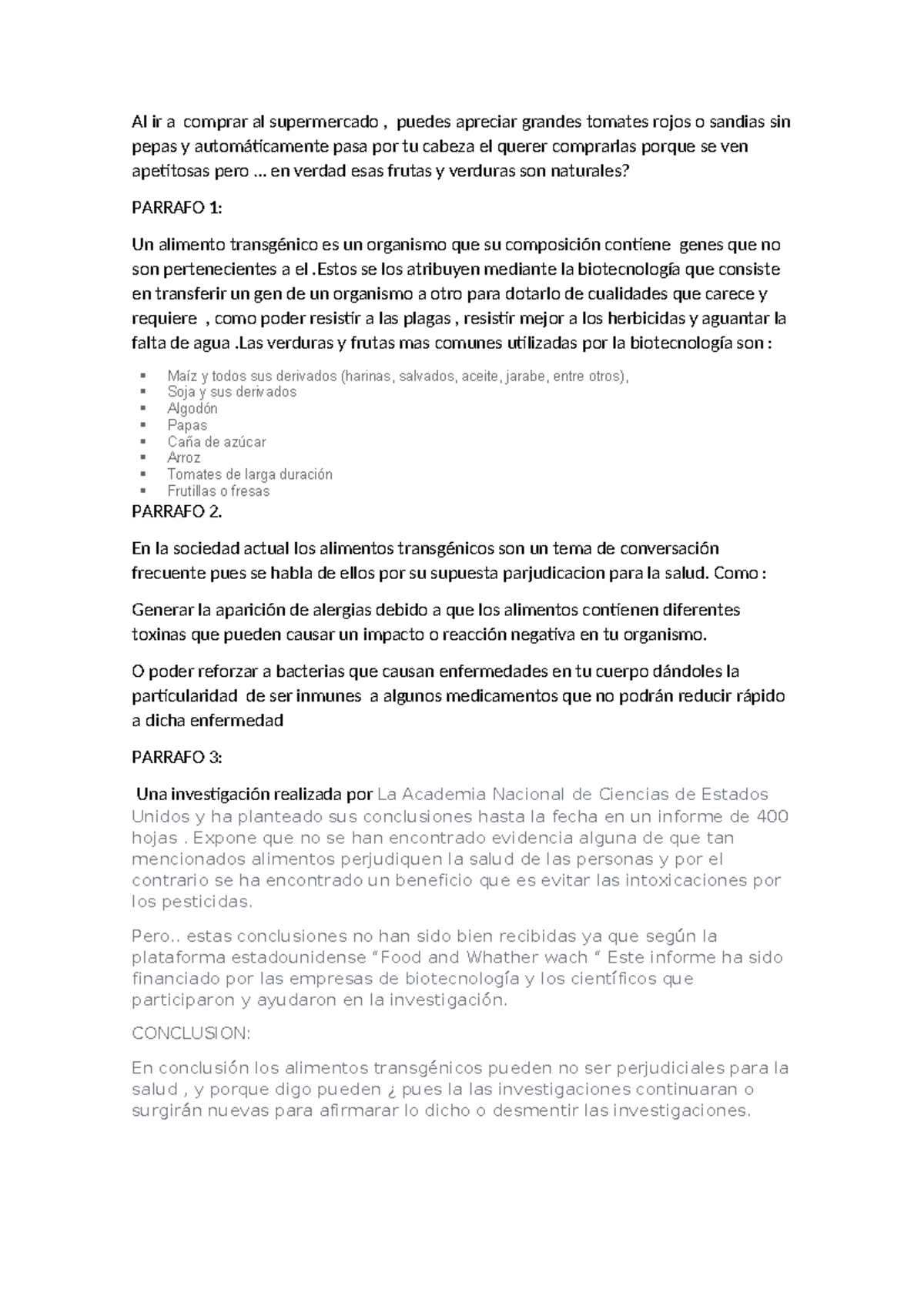 Resumen sobre Alimentos Transgénicos: ¿Beneficios o Riesgos? - Studocu