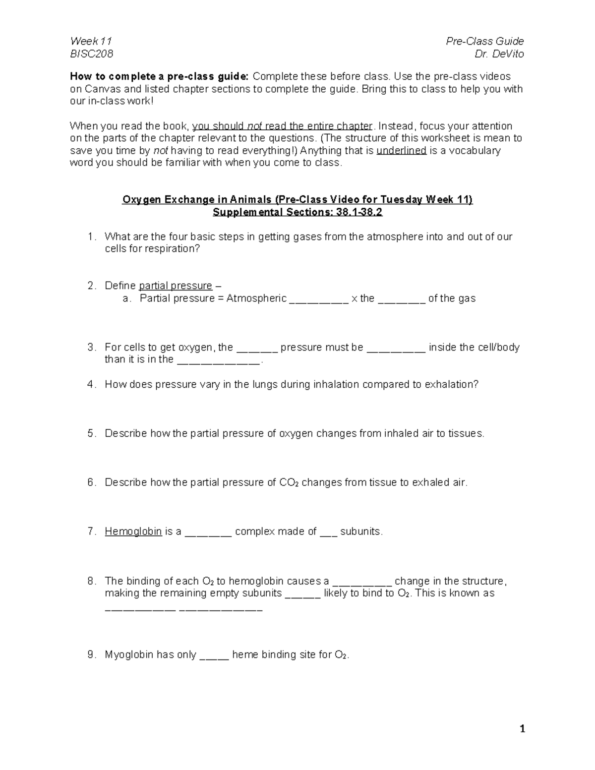 BISC208 Week 11 Pre-Class Guide: Oxygen Exchange in Animals - Studocu