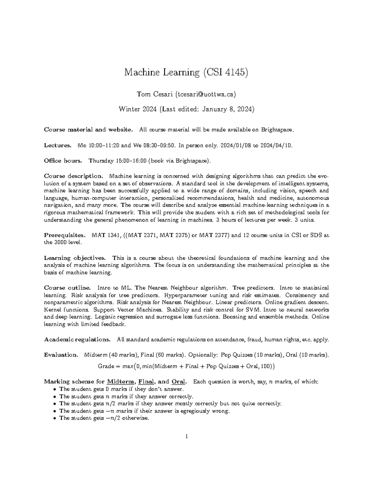 CSI 4145 Winter 2024 - Machine Learning Syllabus Overview - Studocu
