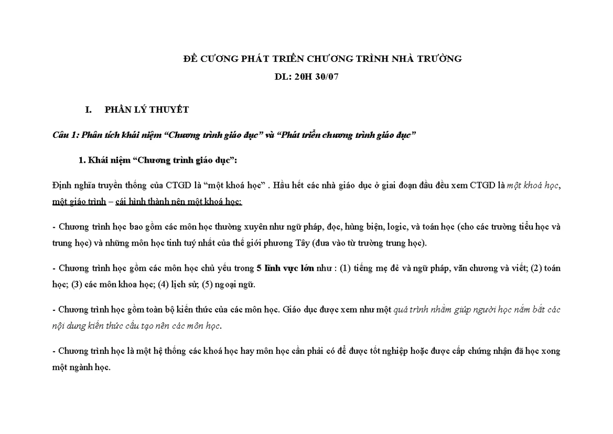 Đề cương Ptctnt - Phát triển chương trình nhà trường là một môn học ý nghĩa, mang lại nhiều kiến ...