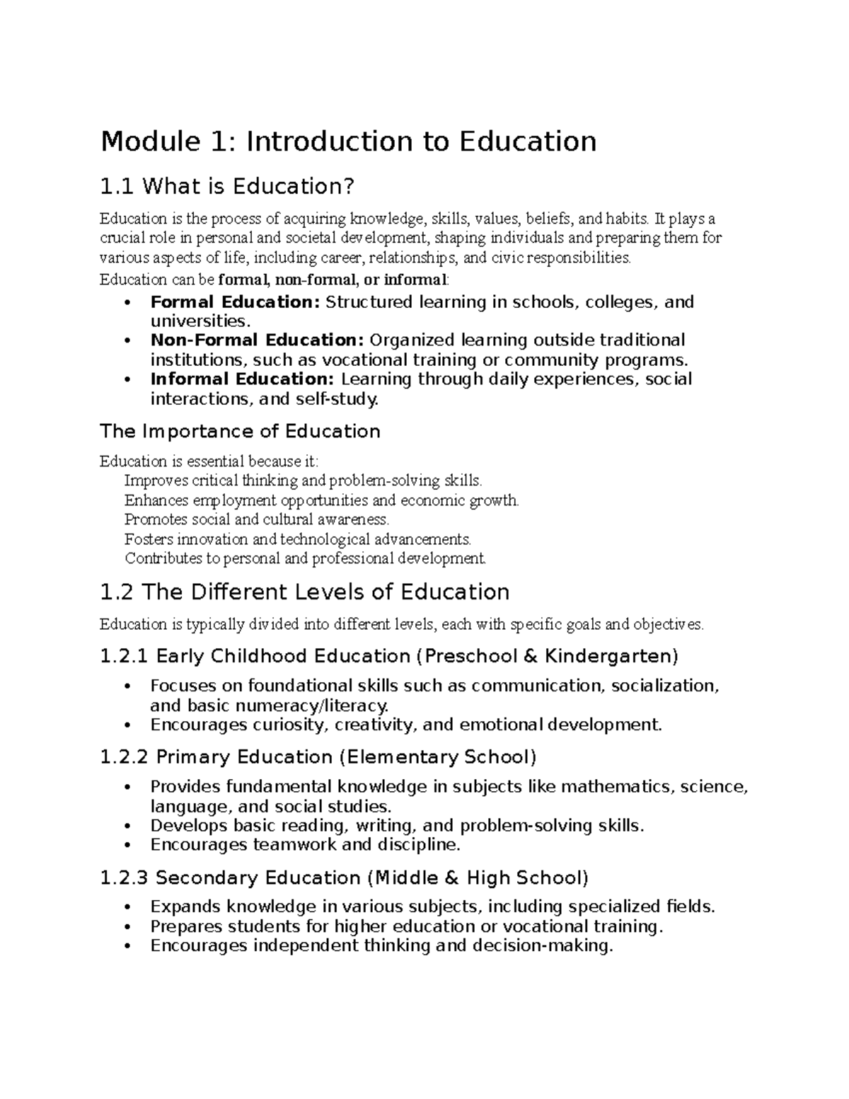 Education - Edu - Module 1: Introduction to Education 1 What is ...