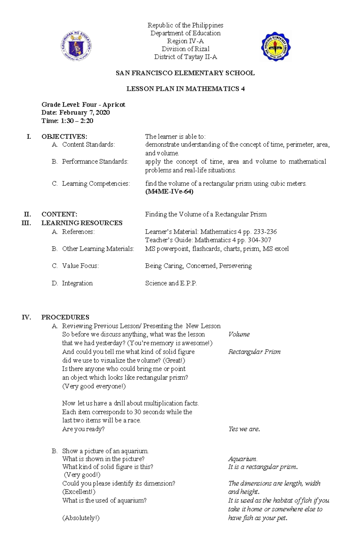 Mathematics 4 Lesson Plan: Finding Volume of Rectangular Prisms - Studocu